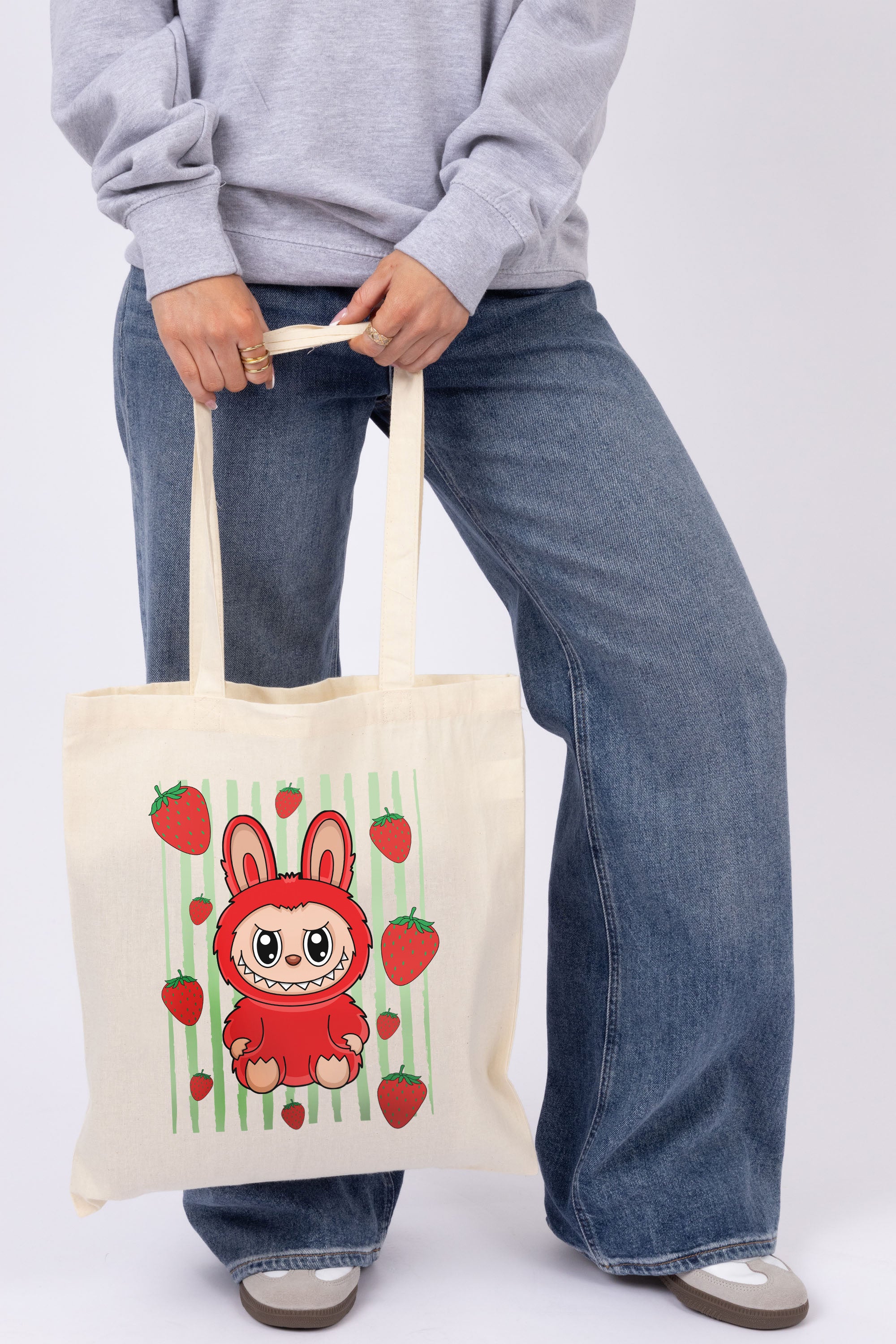 Strawberry Labubu Printed Cotton Tote Bag - Wholesale | Missi Clothing UK